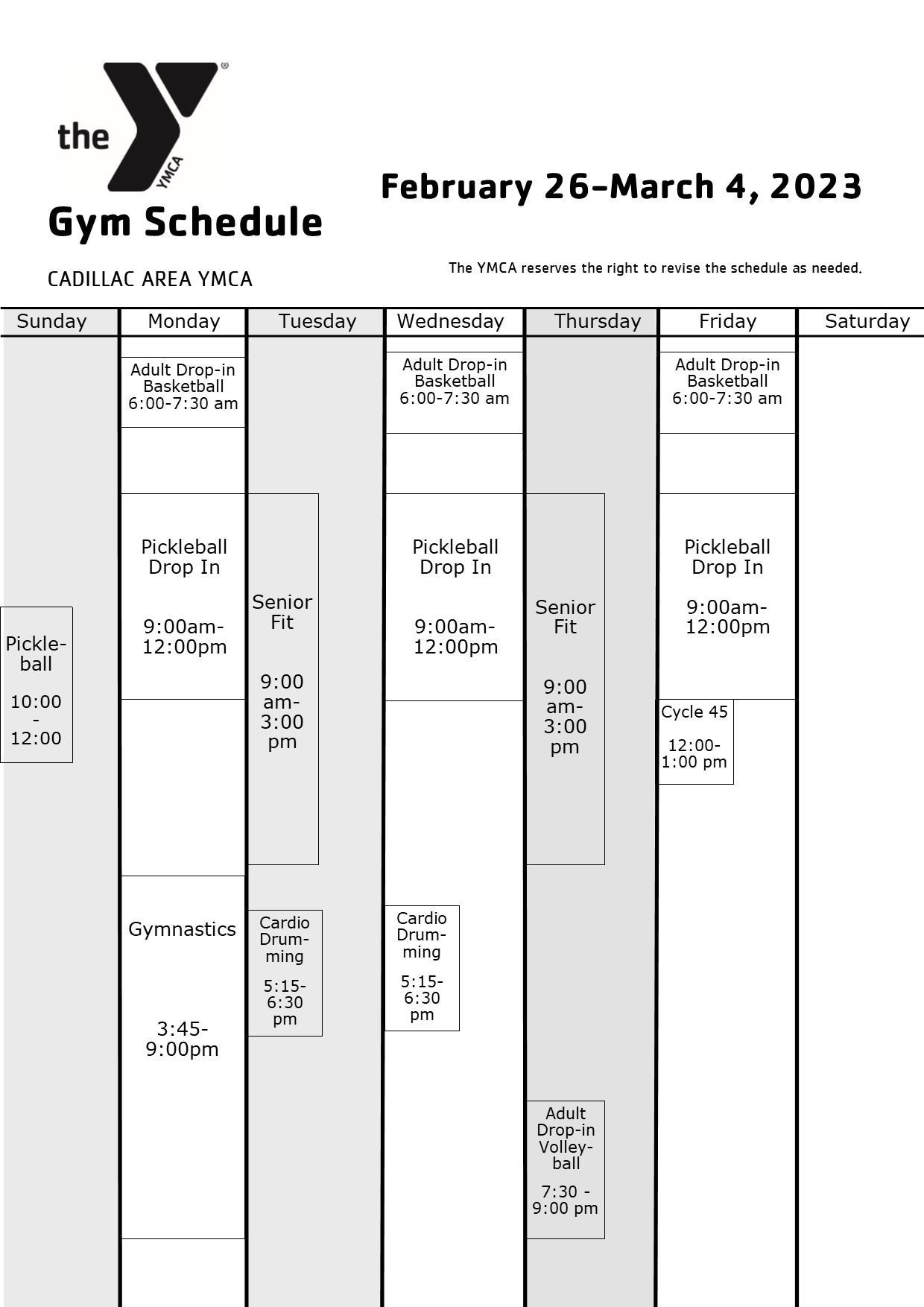 Gym Schedule - Cadillac Area YMCA