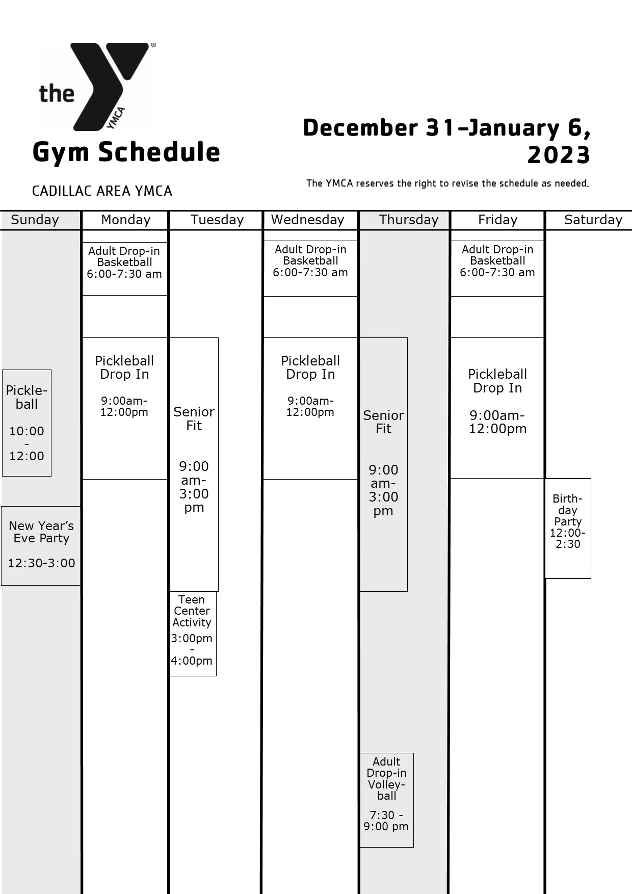 Gym Schedule - Cadillac Area YMCA