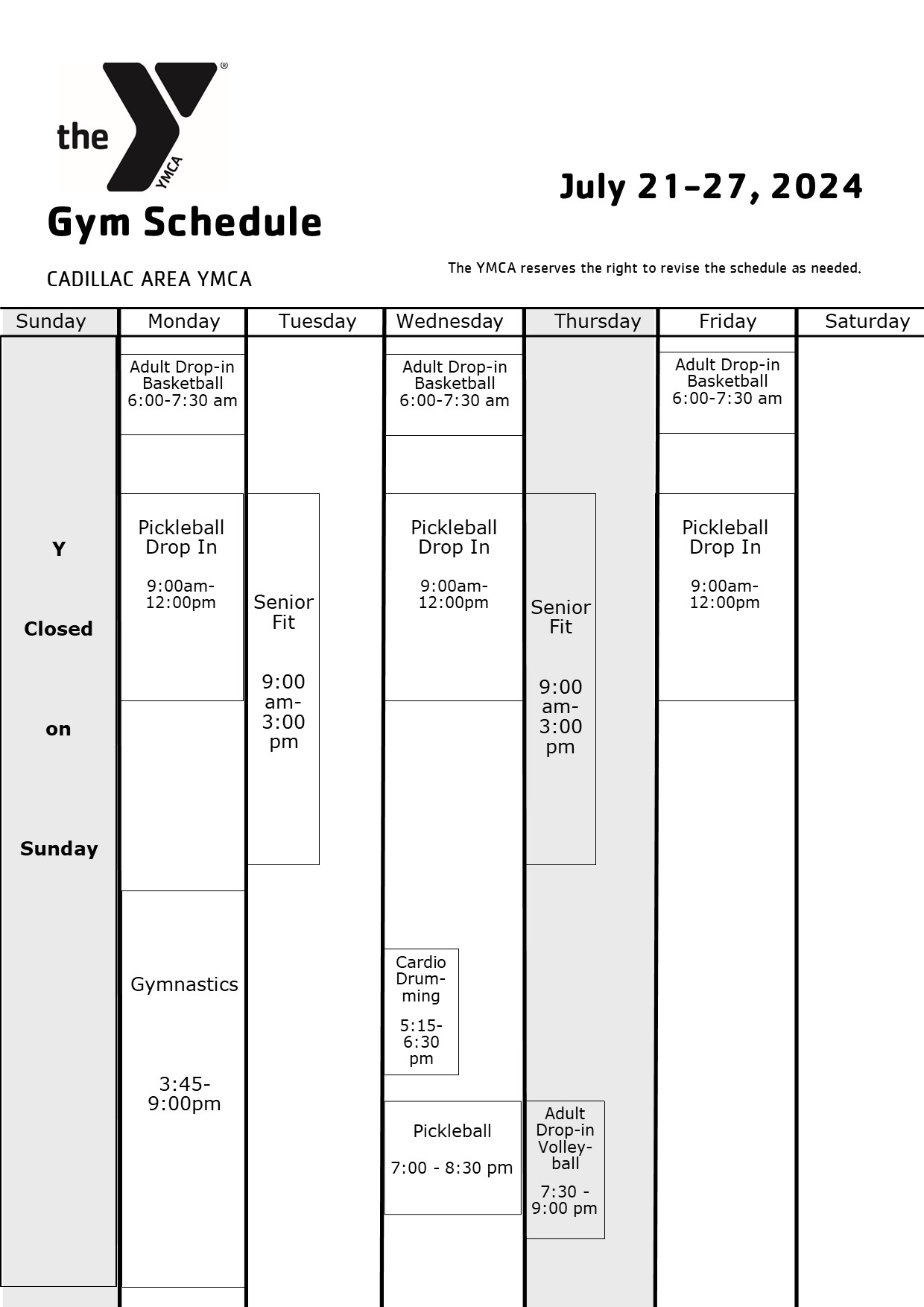 Gym Schedule - Cadillac Area YMCA