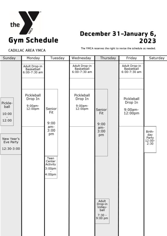 Gym Schedule - Cadillac Area YMCA