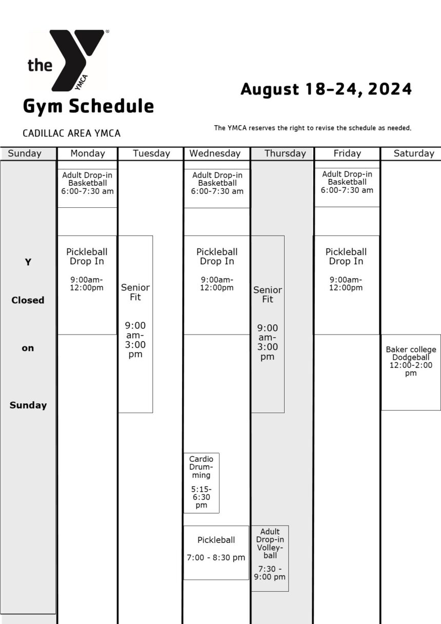Gym Schedule - Cadillac Area YMCA